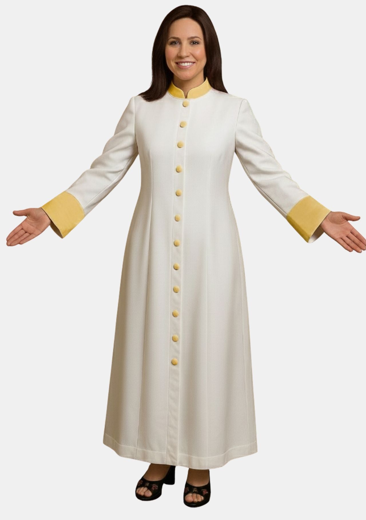 Women's White Clergy Robe with Gold Contrast Buttons – eClergys