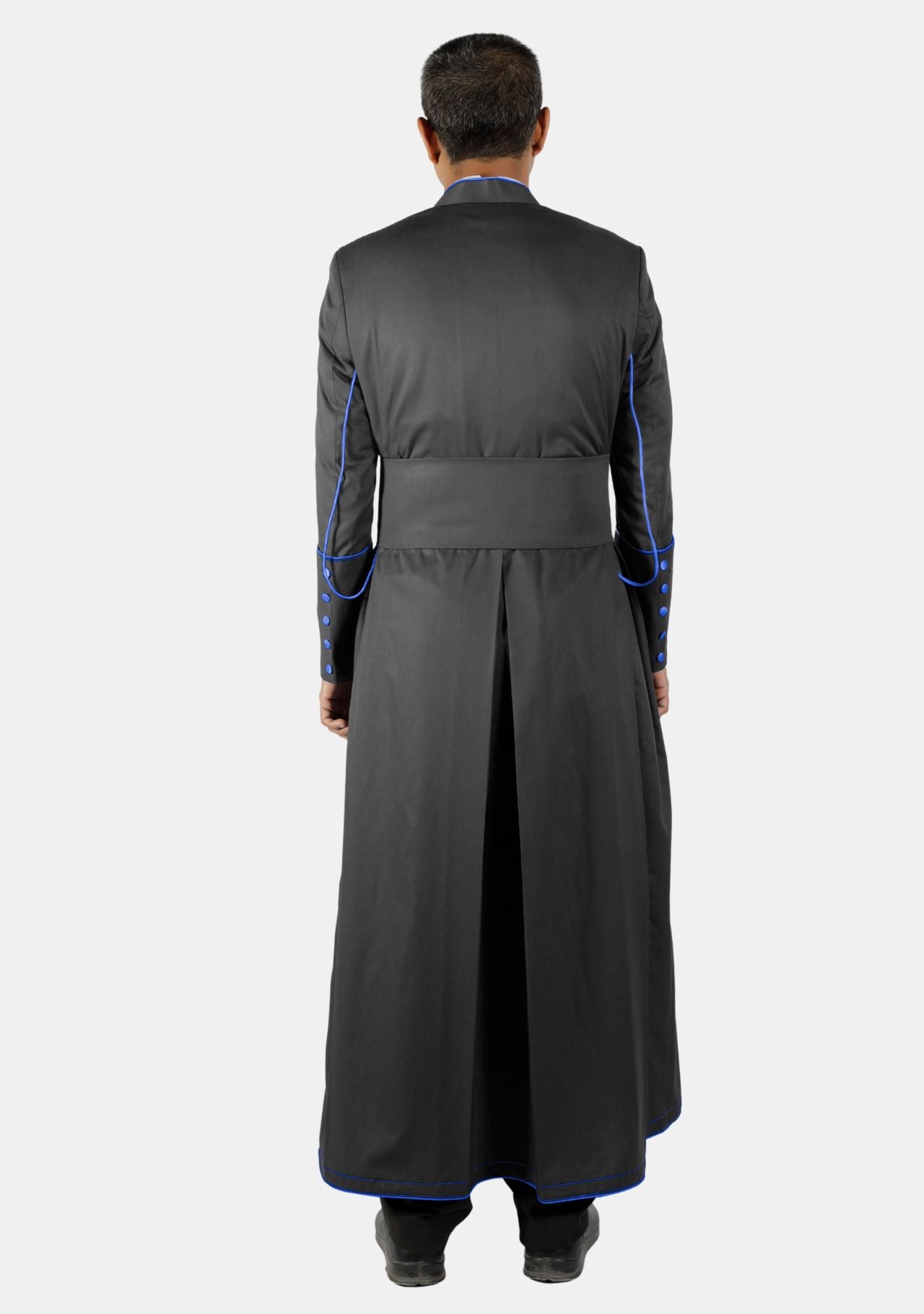 Black Cassock with Blue Piping in Tropical Suiting Fabric – eClergys
