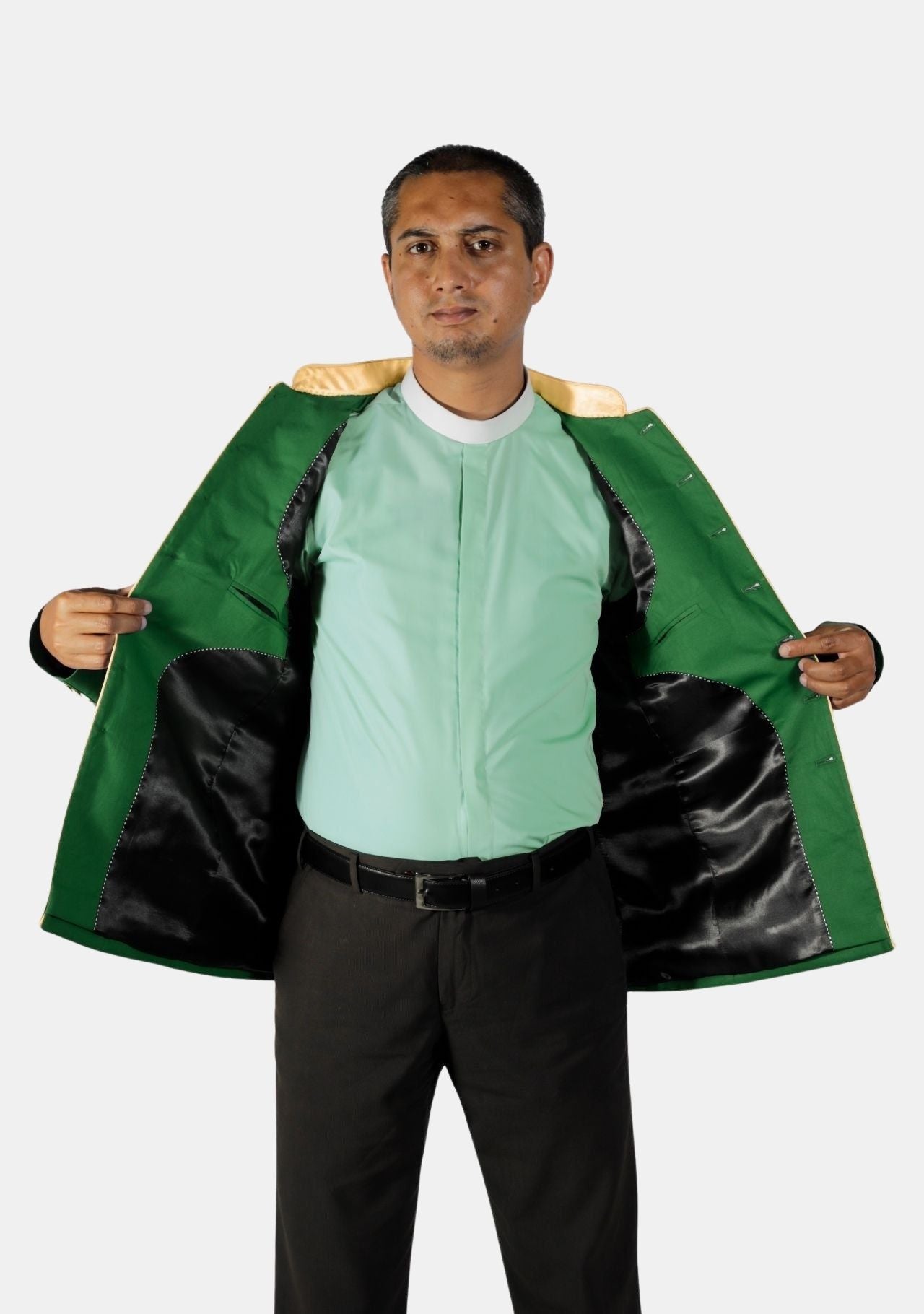 Olive Green Clergy Jacket with Gold Trim with 7 Front Buttons – eClergys