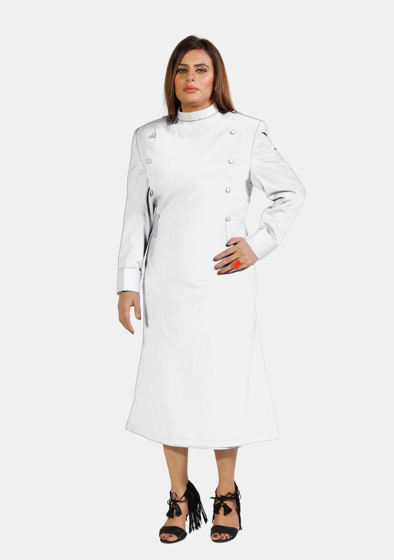 Womens Clergy Dress White with Designer Buttons | eClergys™