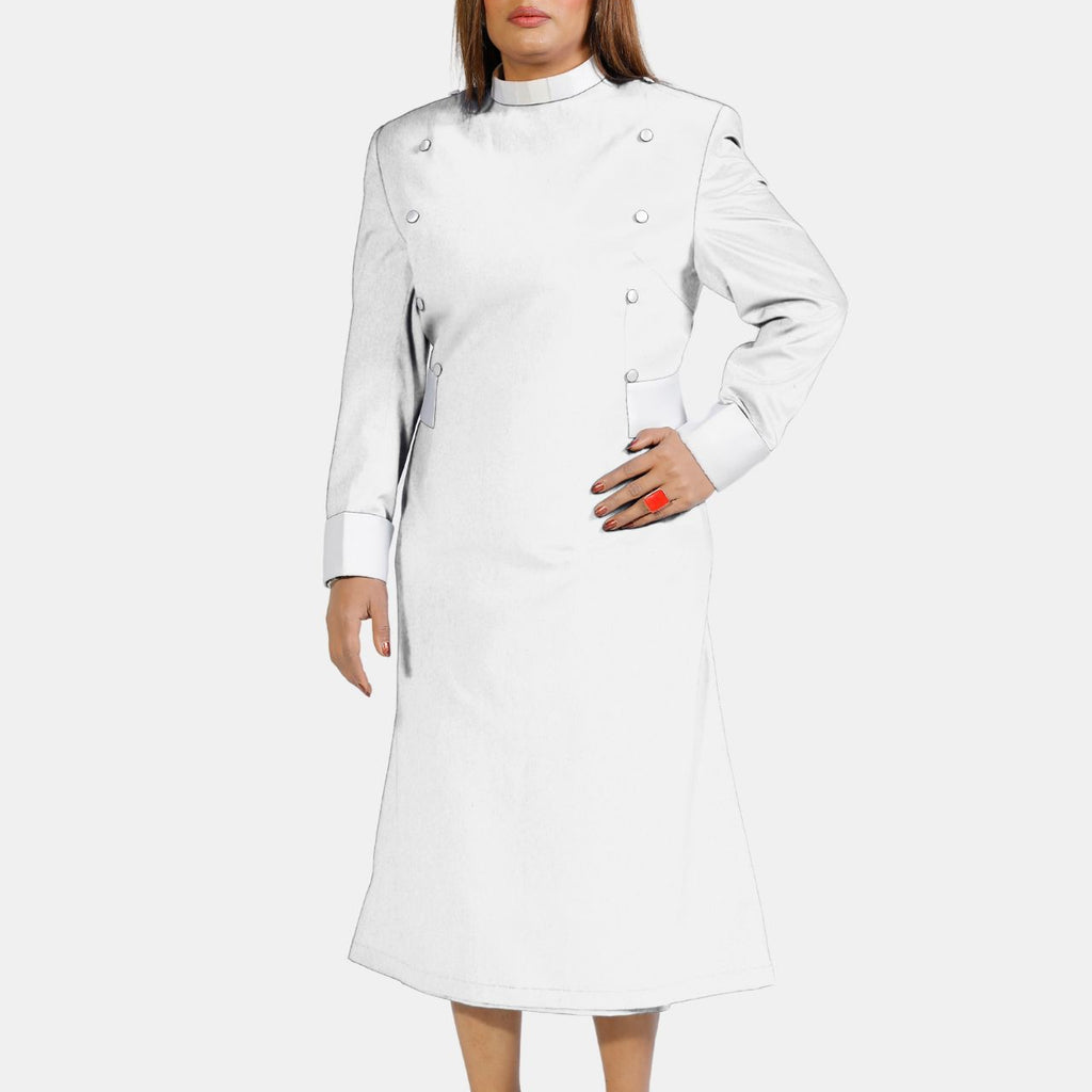 Womens Clergy Dress White with Designer Buttons | eClergys™