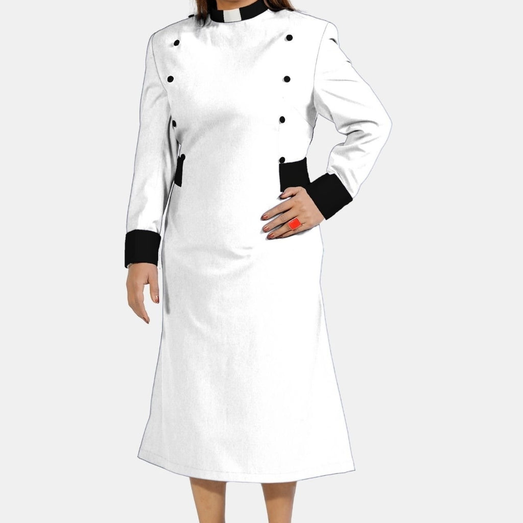 Womens Clergy Dress White with Black Designer Buttons | eClergys™