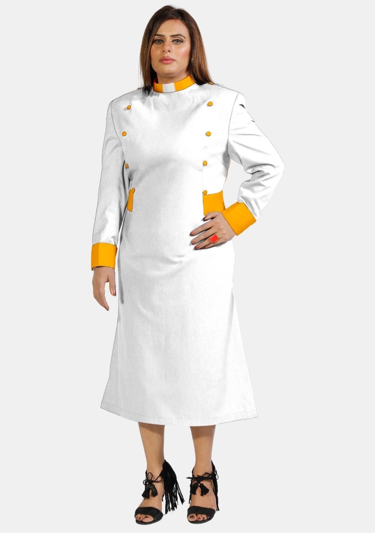 Womens Clergy Dress White with Gold Designer Buttons | eClergys™